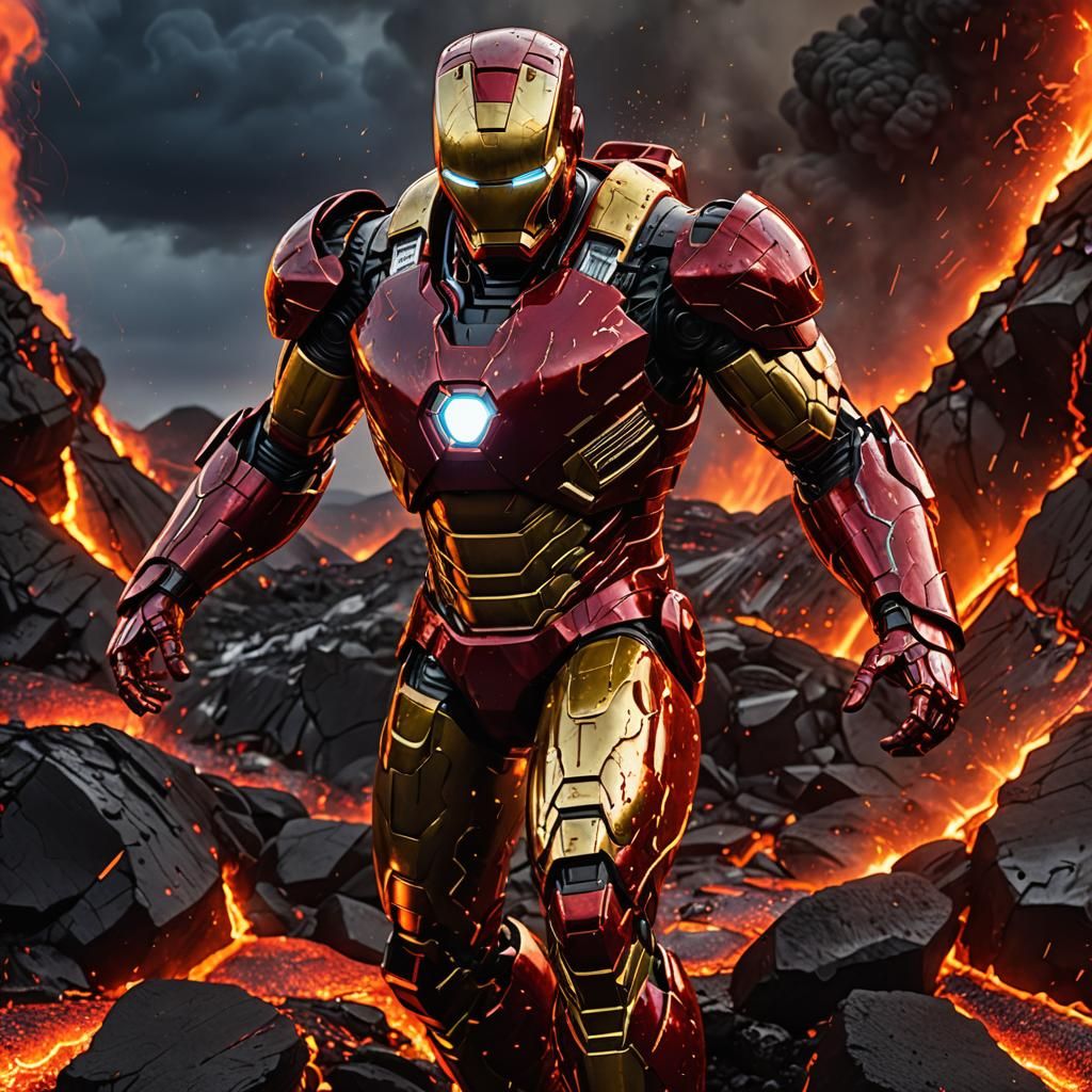 neon gold and red iron man emerging from the lava of a volcano; metallic reflecting fire waves ...