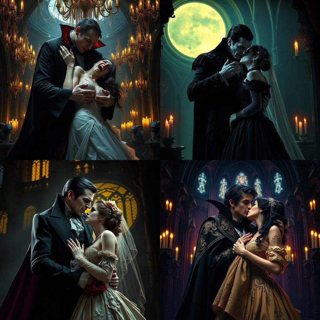 Dark Fantasy Vampire Bites His Bride in a Haunting... - AI Art