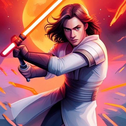 A Jedi Master in combat with brown hair and white armor. He has 2 ...