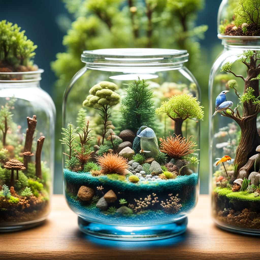 miniature ecosystem within a glass jar, showcasing a tiny, self ...
