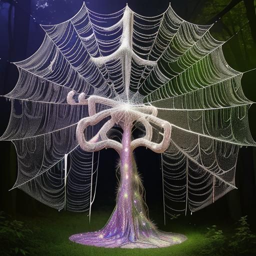 HYPERDETAILED GIGANTIC SPARKLY INTRICATE SPIDER WEB STRETCHED FROM TREE ...