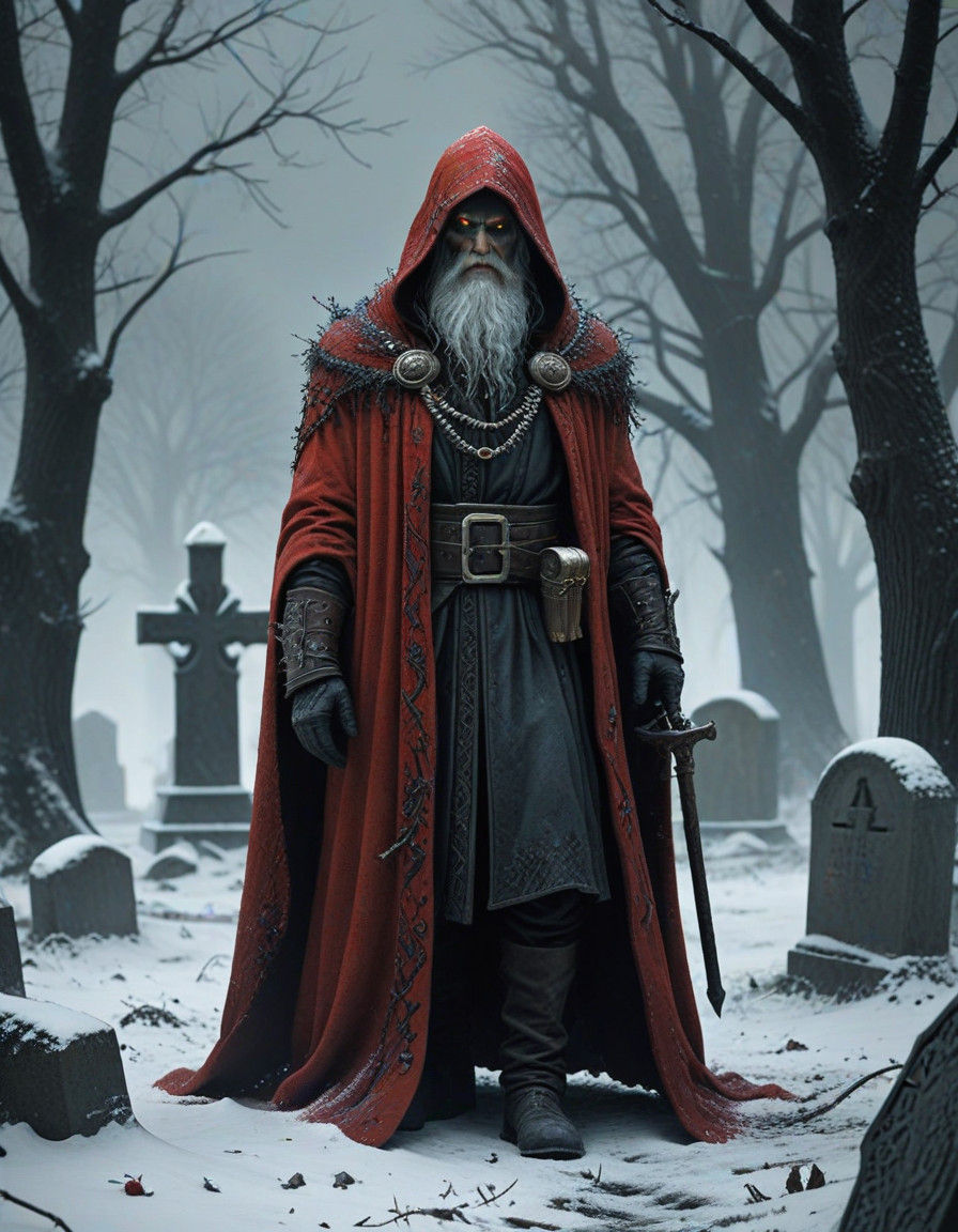 Dark Santa Claus in a Snowy Graveyard with Crooked... - AI Art