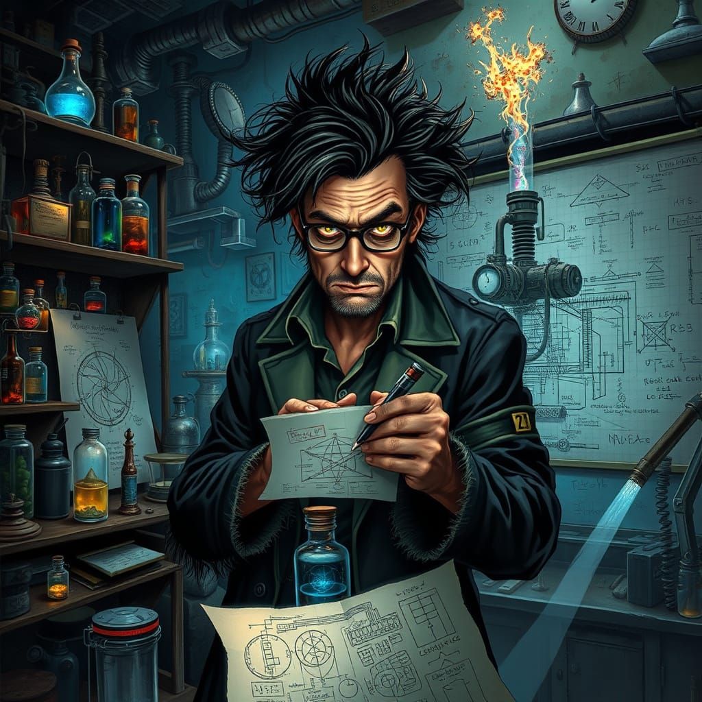 A mad scientist in a dark, messy laboratory filled with glowing vials ...