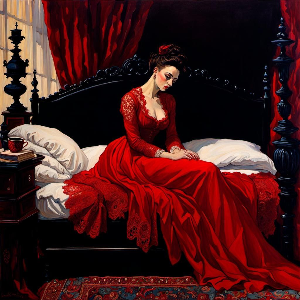 Baroque Bagshaw Delaney Schiele Leighton Gorey lady wearing red lace ...