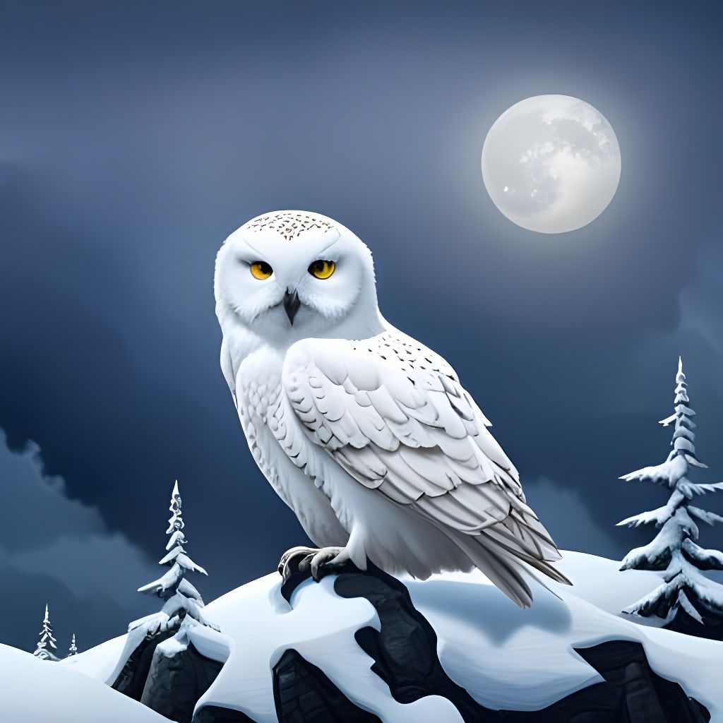 A snow owl sat on a snowy mountain, snow glitters in the moon light ...