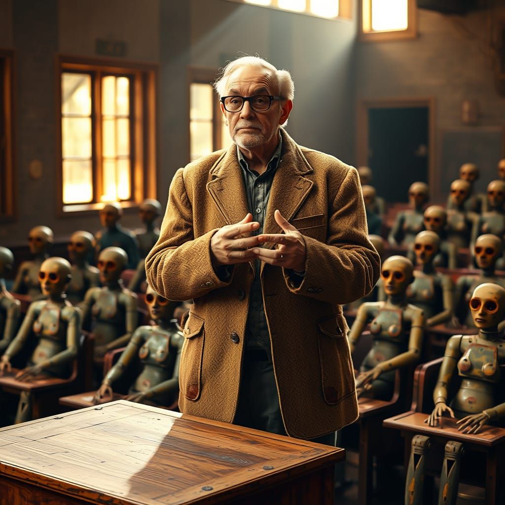 A bespectacled professor, dressed in a tweed jacket with leather elbow ...