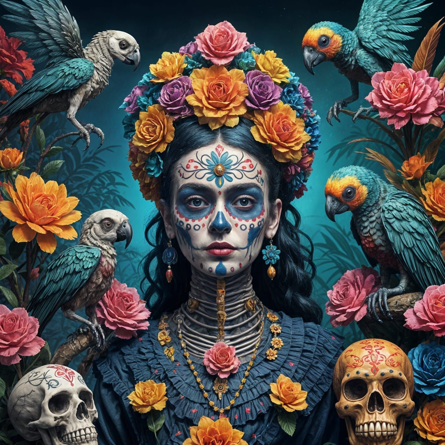 Frida Kahlo skeleton with skeleton parrots