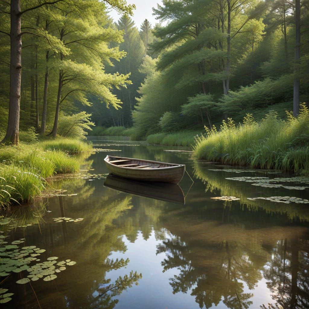 of a serene forested landscape centered on a small, circular pond . A ...
