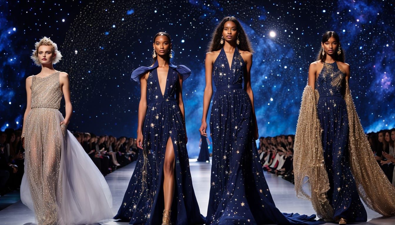 "A celestial-themed runway show featuring models wearing starry gowns ...