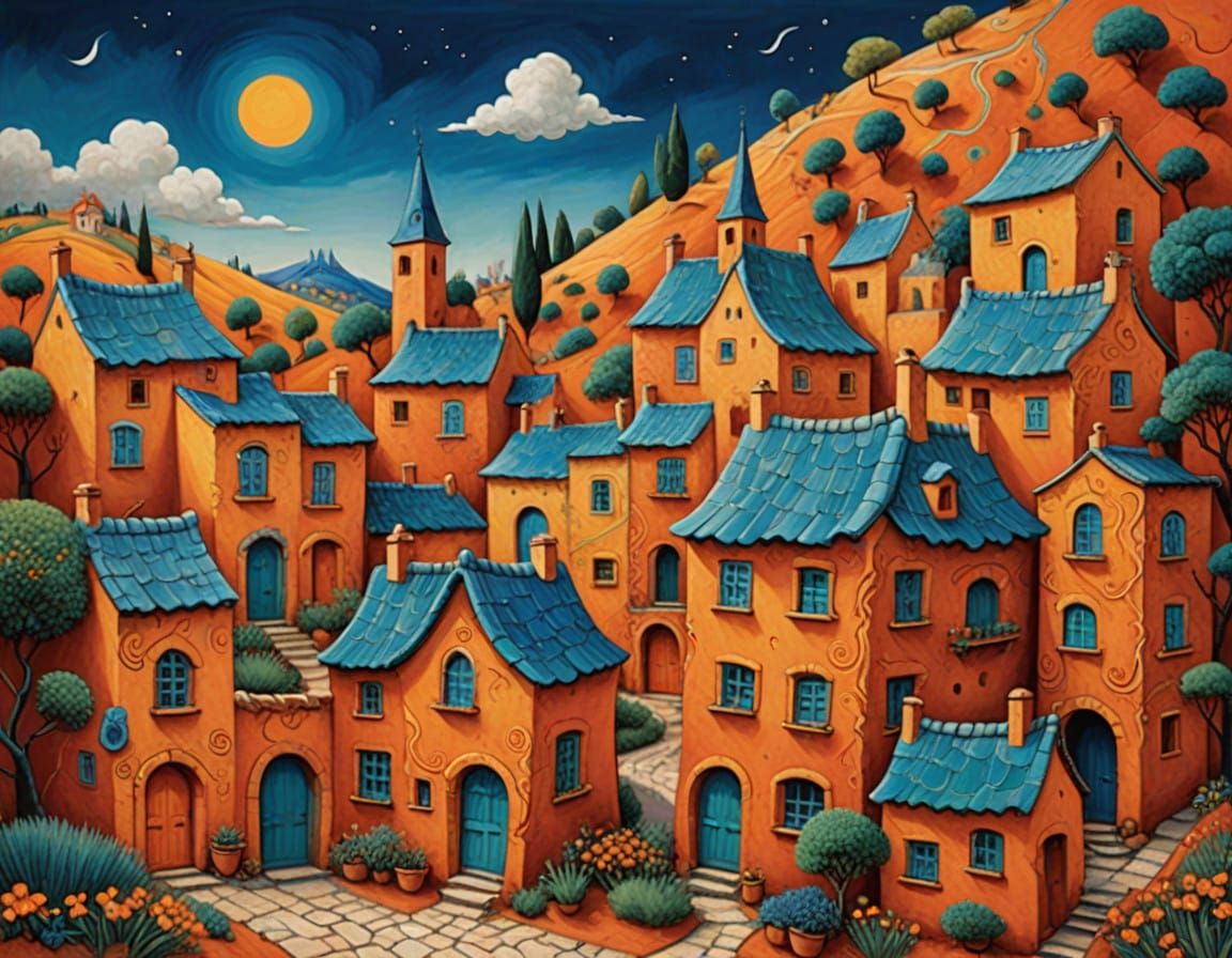 A bustling village scene where homes, shops, and people are all formed ...