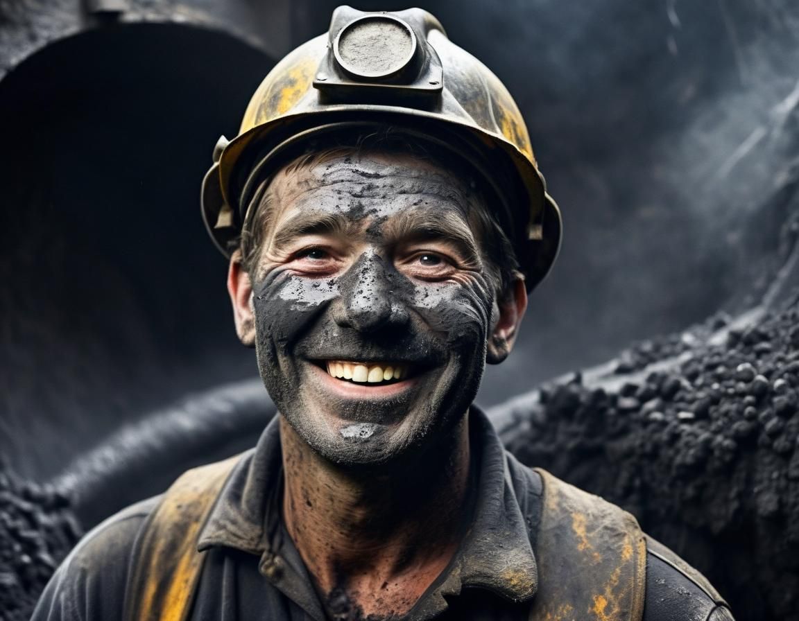 a smiling coal miner covered in coal dust inside an old coalmine