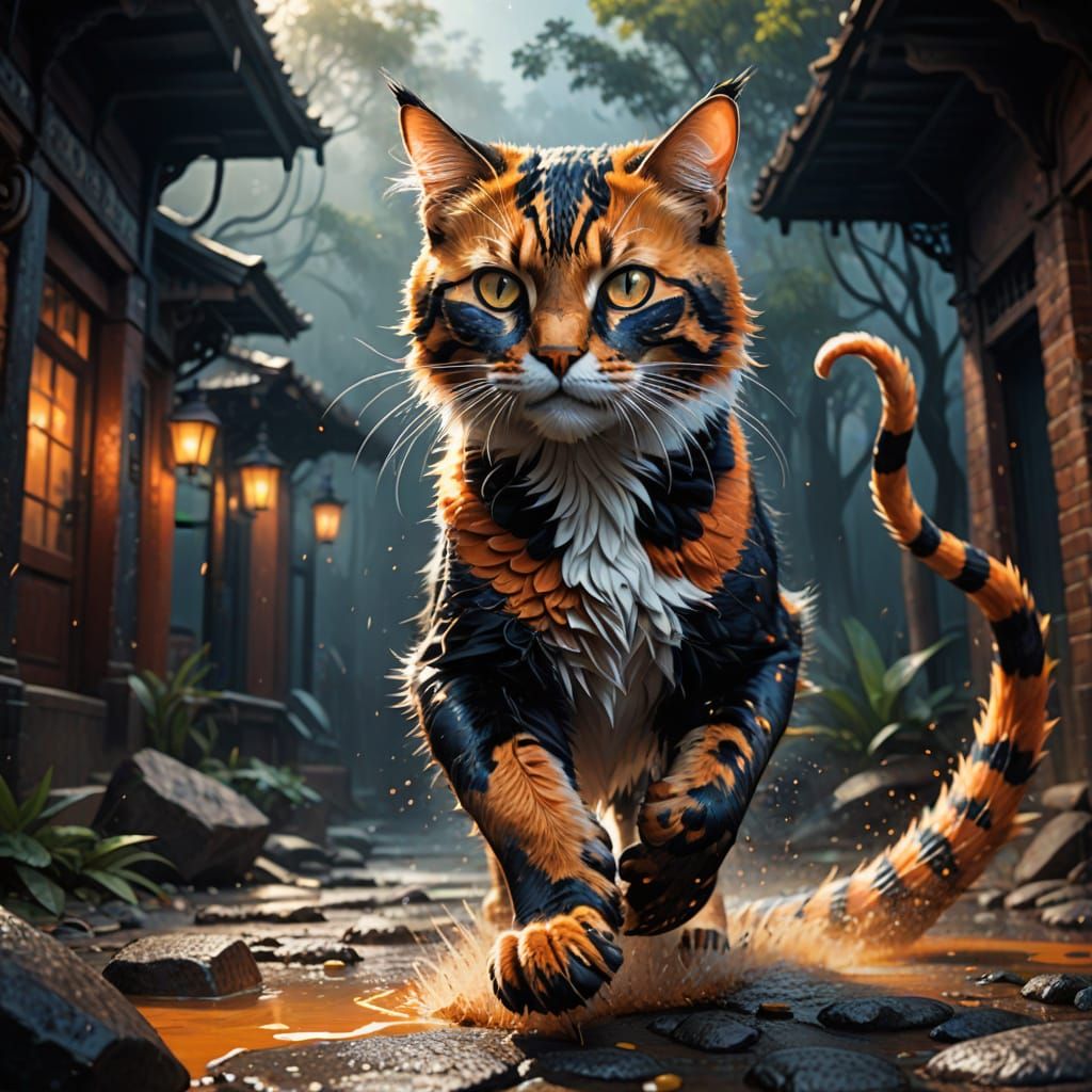 Calico Cat catches Spitting Cobra - Vibrant Calico Cat in Mi...