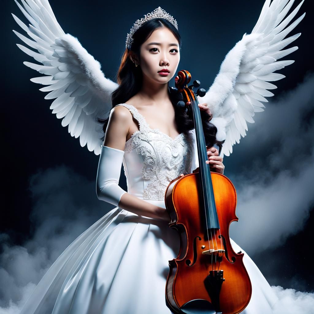 a woman in a white dress holding down a violin, a poster, by Marie ...