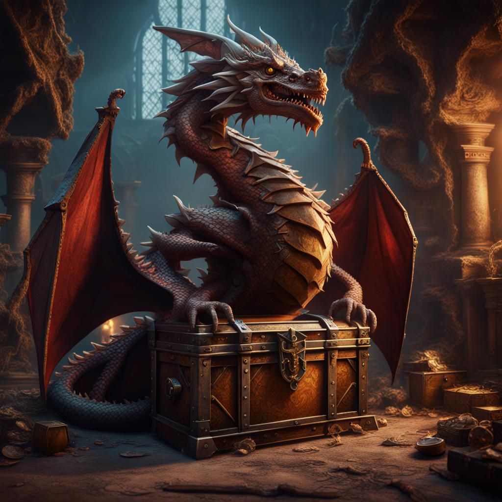 scary dragon guarding a treasure chest - AI Generated Artwork ...