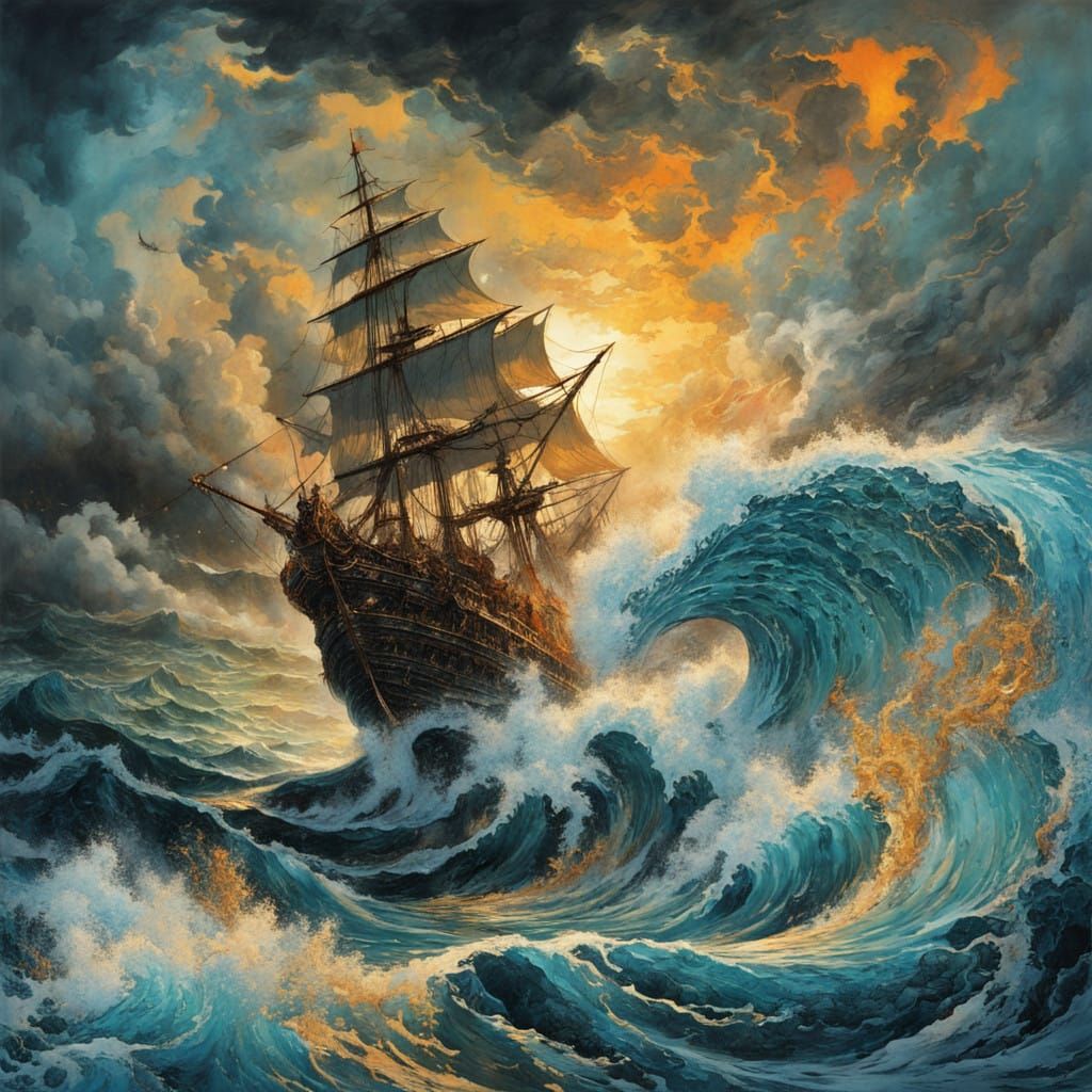 Epic Fantasy Water World Unfolds from Gilded Book - AI Art