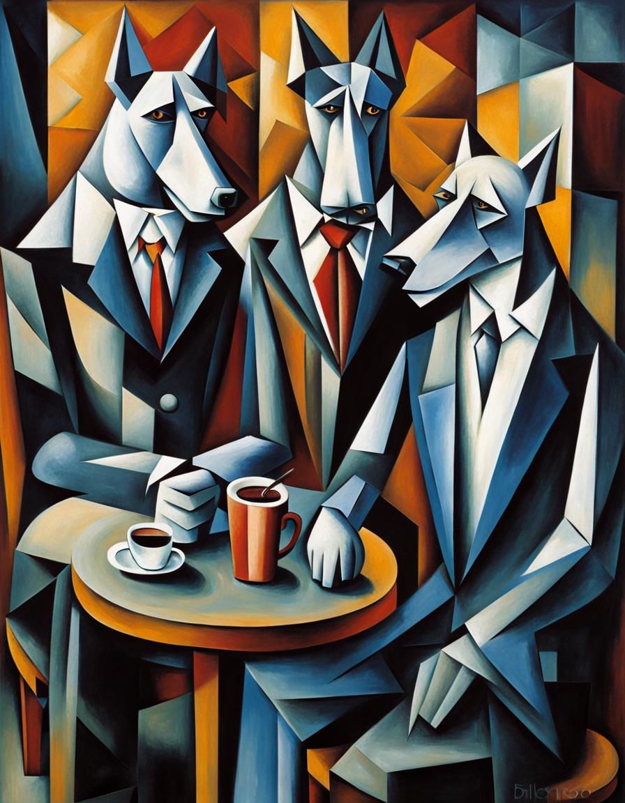 cubistic painting anthropomorph dogs in evening suits, drinkin coffee ...