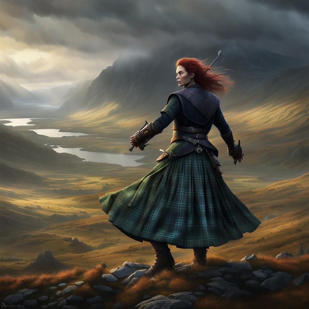 Scottish princess dancing in a plaid kilt in the highlands of Scotland ...