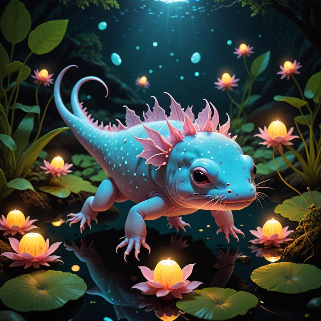 Axolotls Dance in a Glowing Bioluminescent River a... - AI Art
