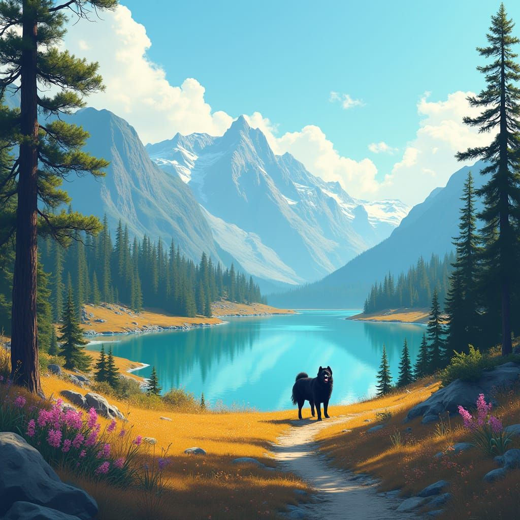 Serenic Landscape with Crystal Lake, Majestic Moun... - AI Art