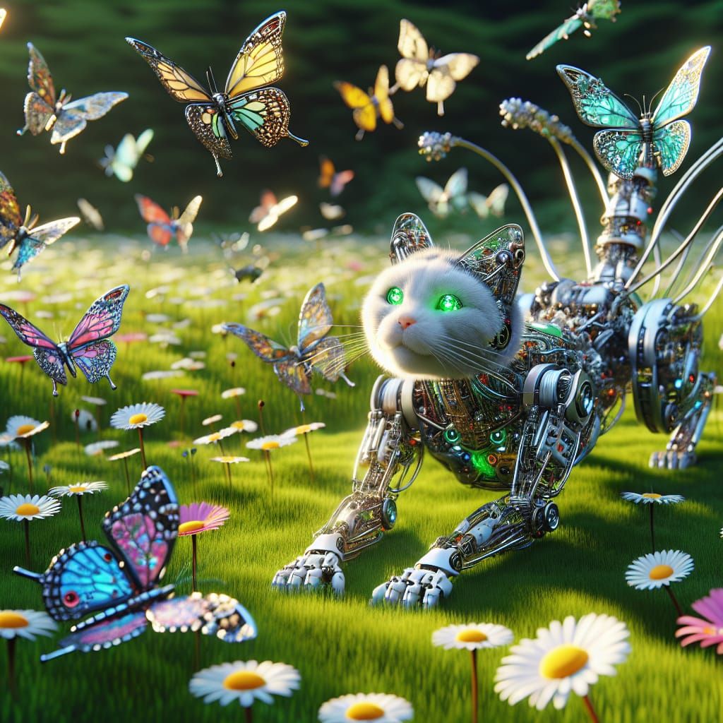 A robotic cat chasing cyborg butterflies in a green meadow, intricate ...