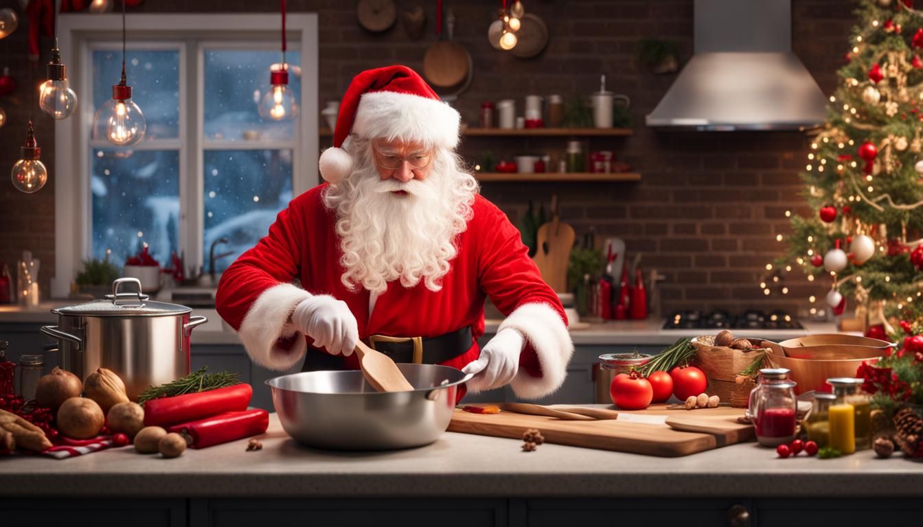 Santa, cooking, gourmet kitchen, decorations, utensils. high realism ...