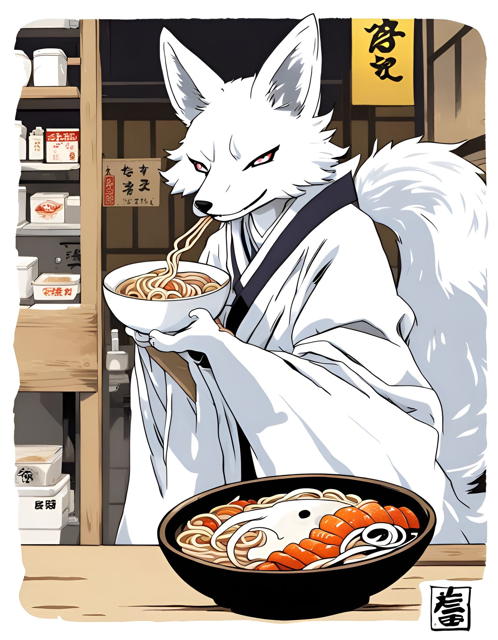 a white kitsune eating a bowl of kitsune udon - AI Generated Artwork ...