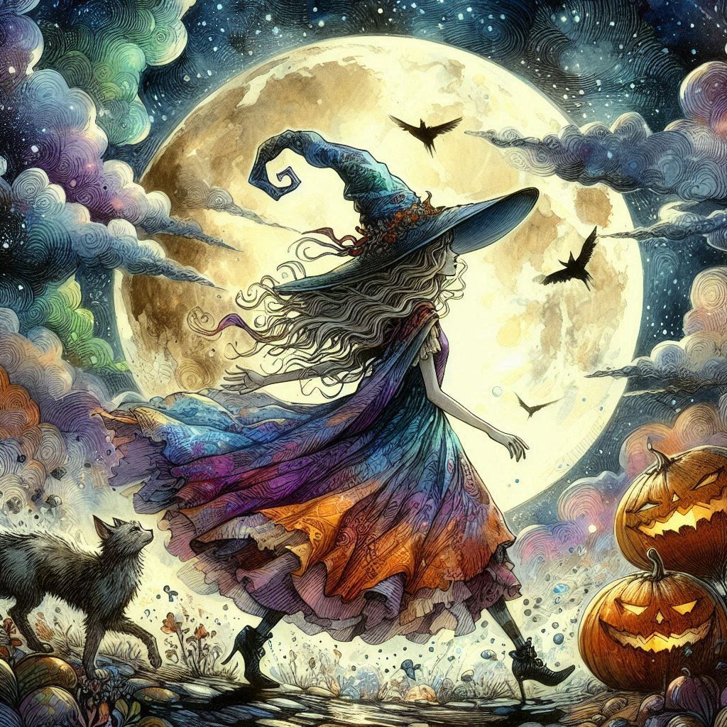 Moon shining, witch walking, cat straying - AI Generated Artwork ...