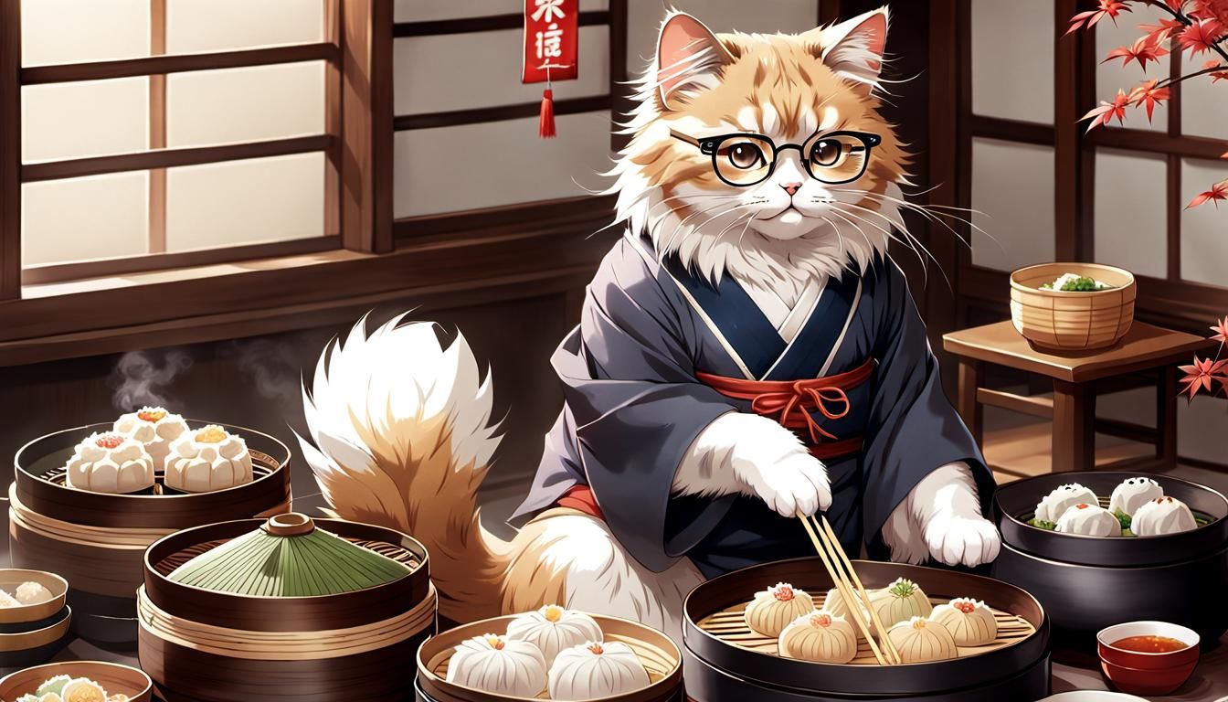 Majestic fluffy cat in kimono attire making dim sum with bamboo steamer ...