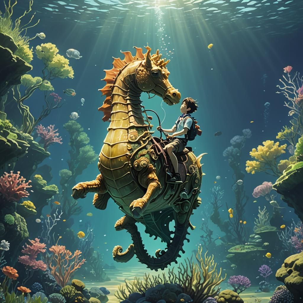 First ride on a seahorse - AI Generated Artwork - NightCafe Creator