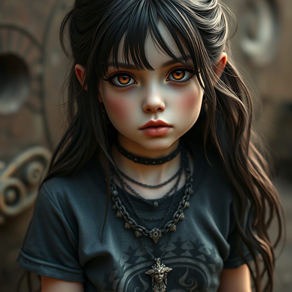 Hyper-realistic Gothic-child, long, dark brown hair that falls in loose ...