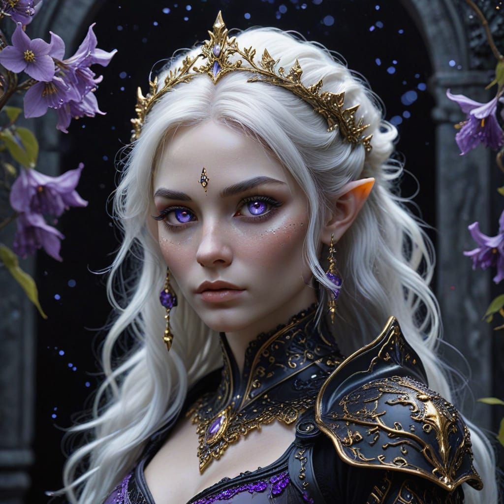 Envision a majestic elf queen with flowing white hair, clad in 16th ...