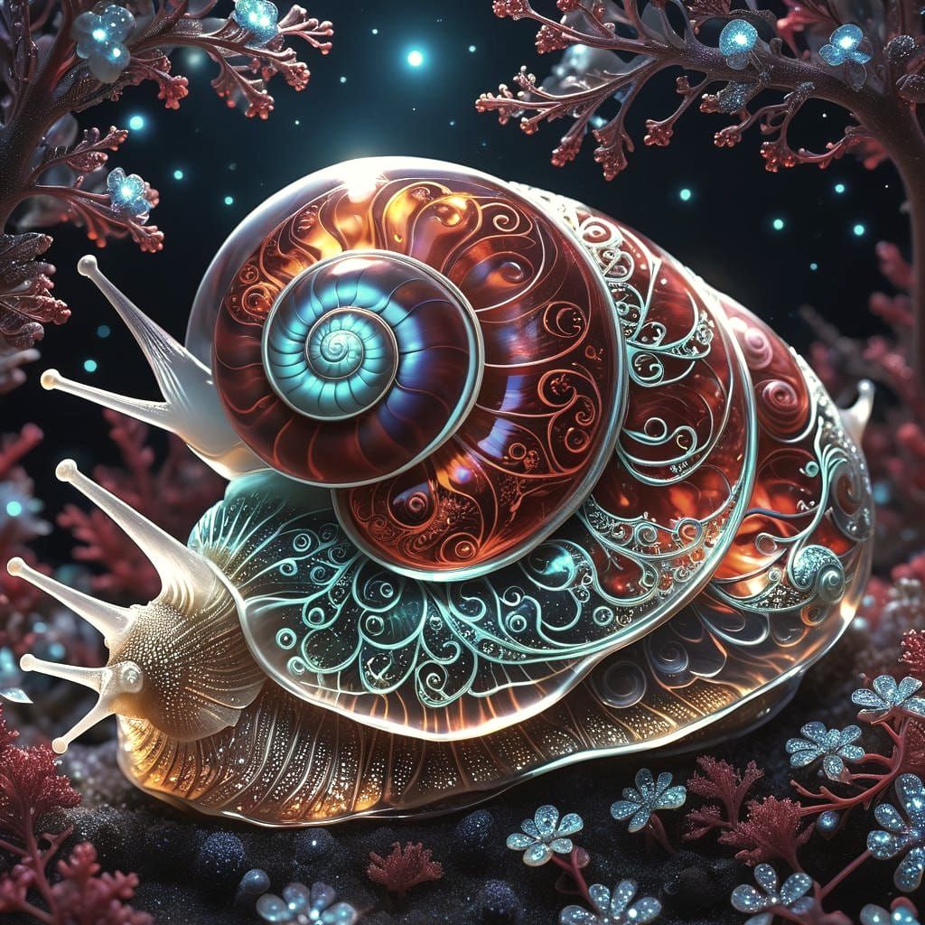 Fractal nature - Glowing Glass Snail in Starry Night Sky