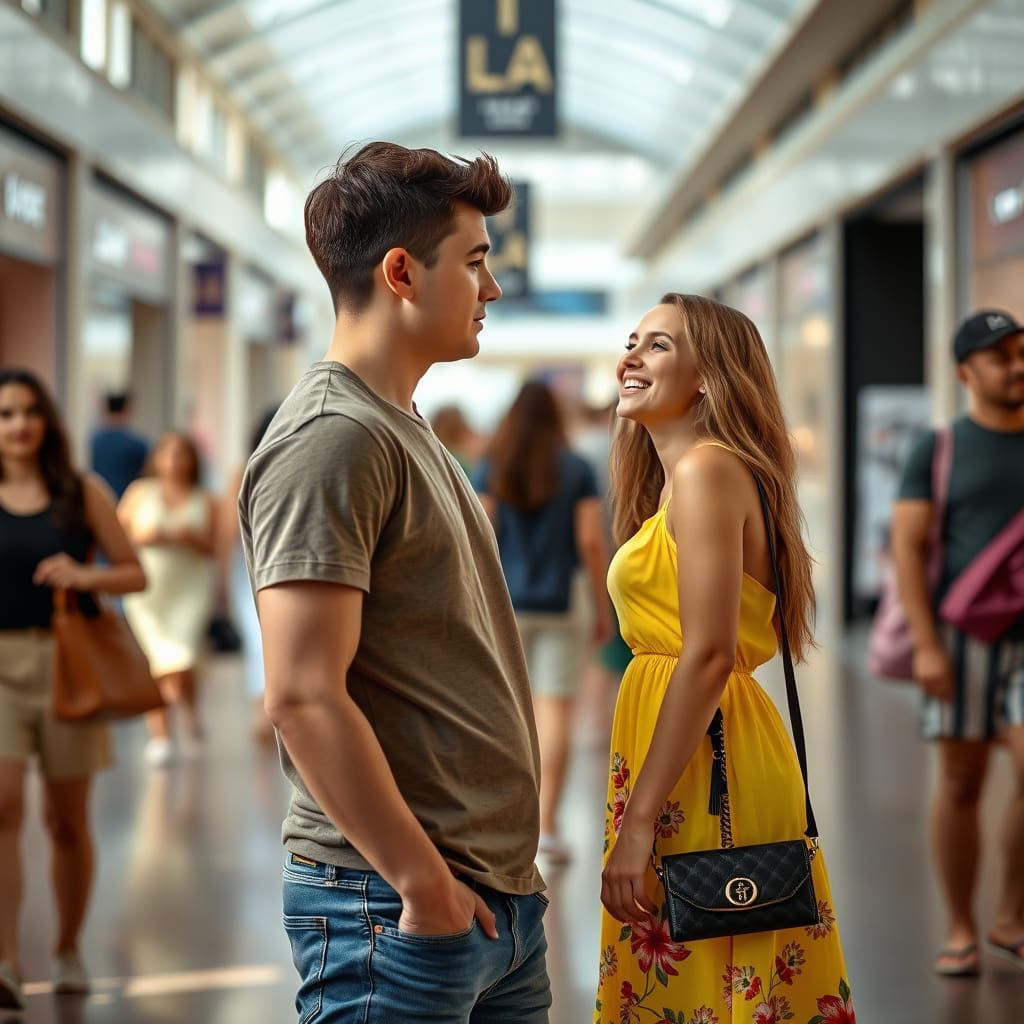 Disappointed Man Meets Delighted Woman in Mall - AI Art