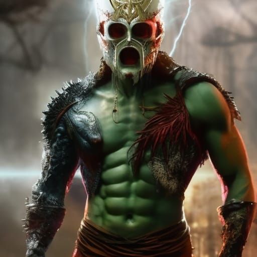 close-up of Broly with an obsidian_face, promethean_alien_deity ...