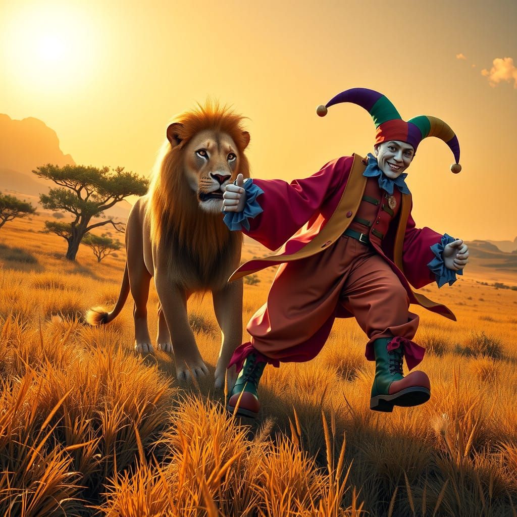 Lion Hunts Oversized Jester in Sun-Drenched Savann... - AI Art