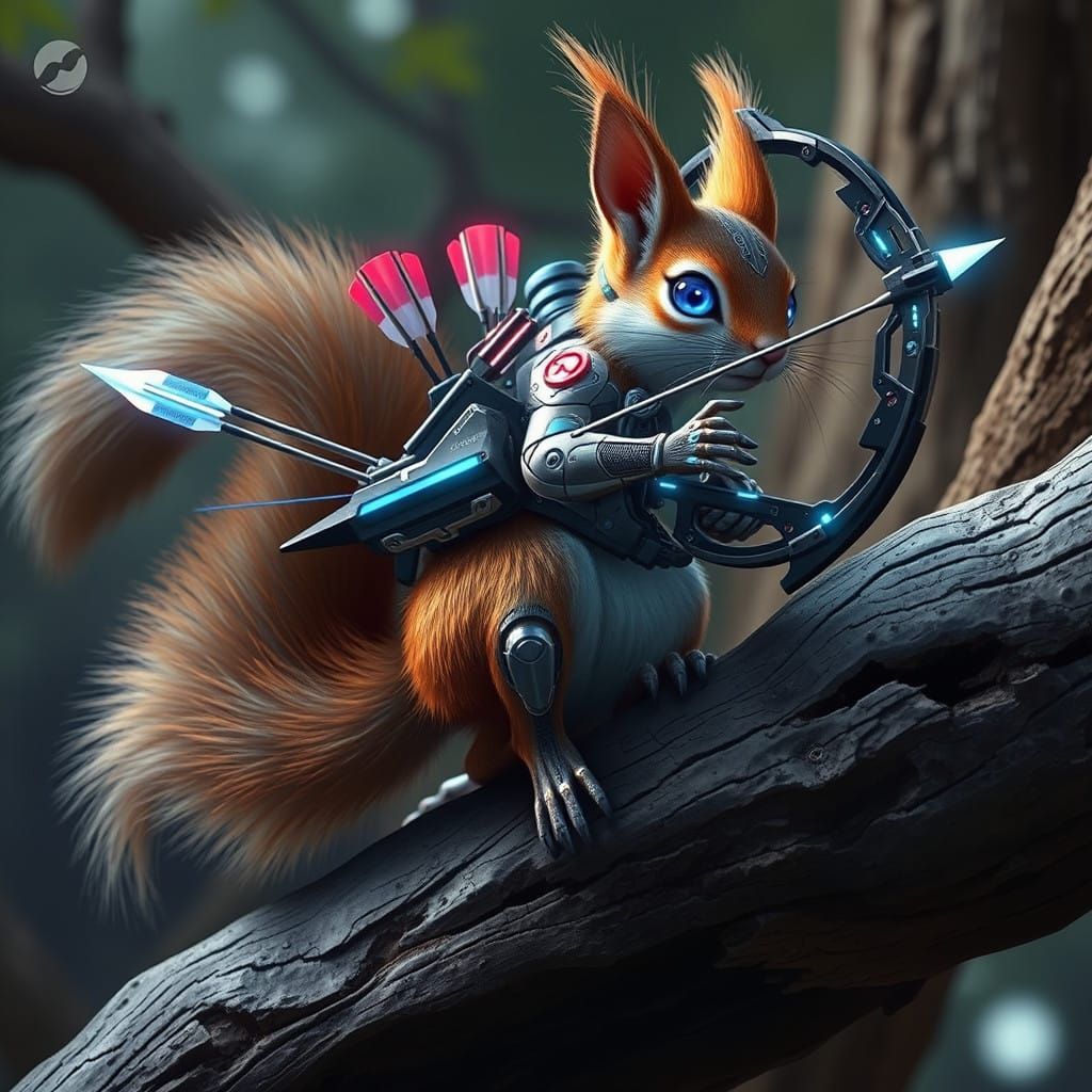 Cyberpunk Squirrel wields Energy Bow on Gnarled Tr... - AI Art