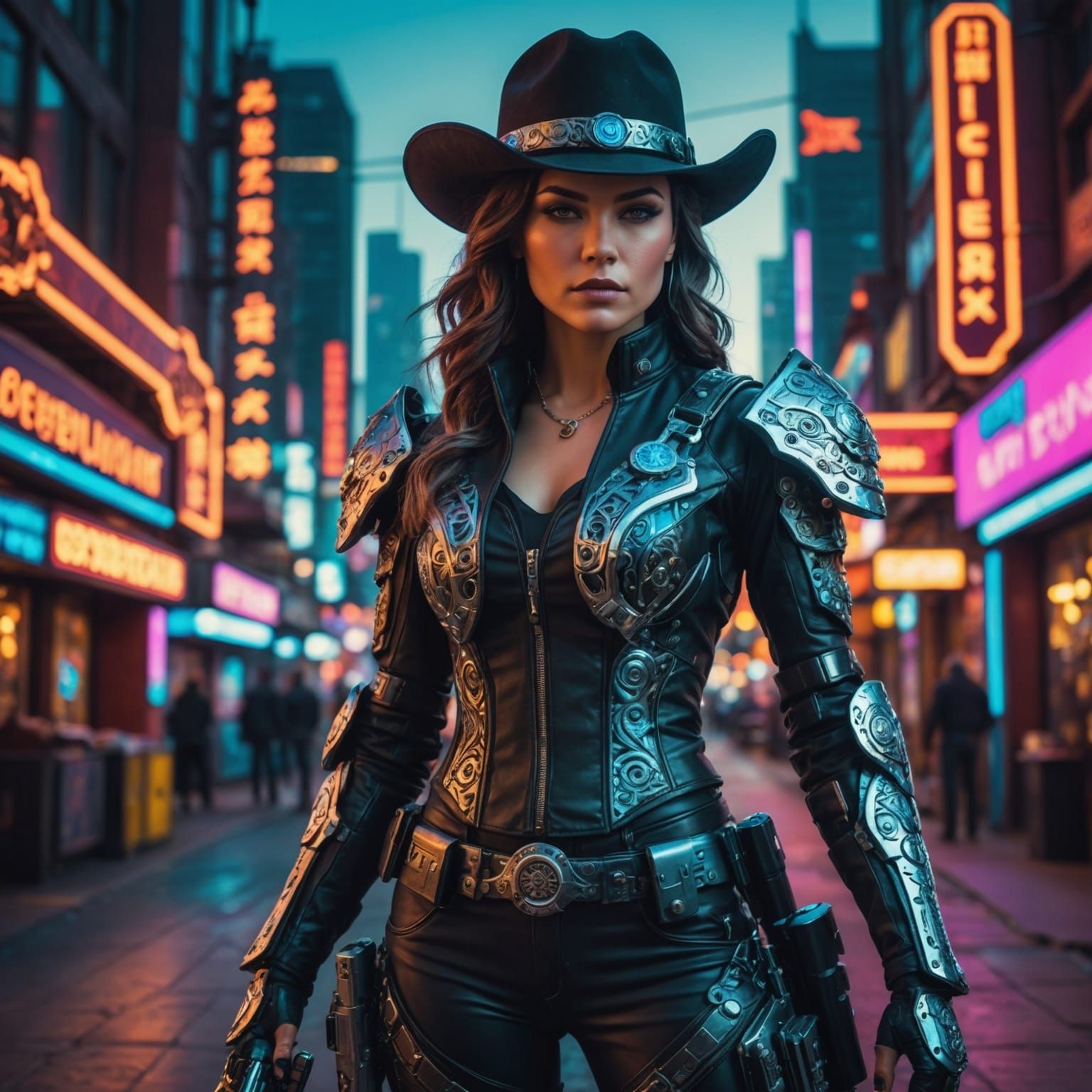 a futuristic woman cowboy stands confidently holding two ornate ...