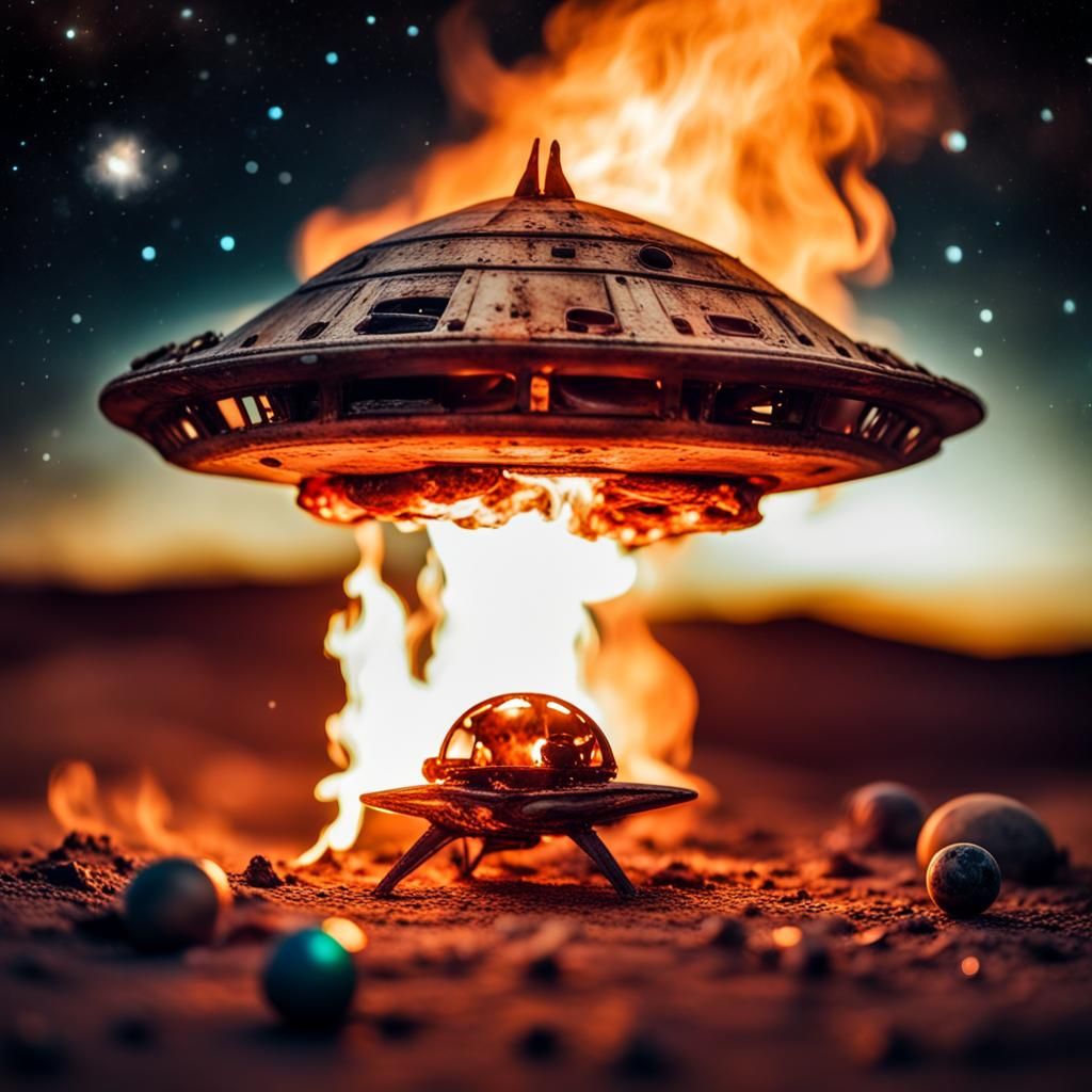 Photograph, Macro, burning miniature alien spaceship on fire big flames ...