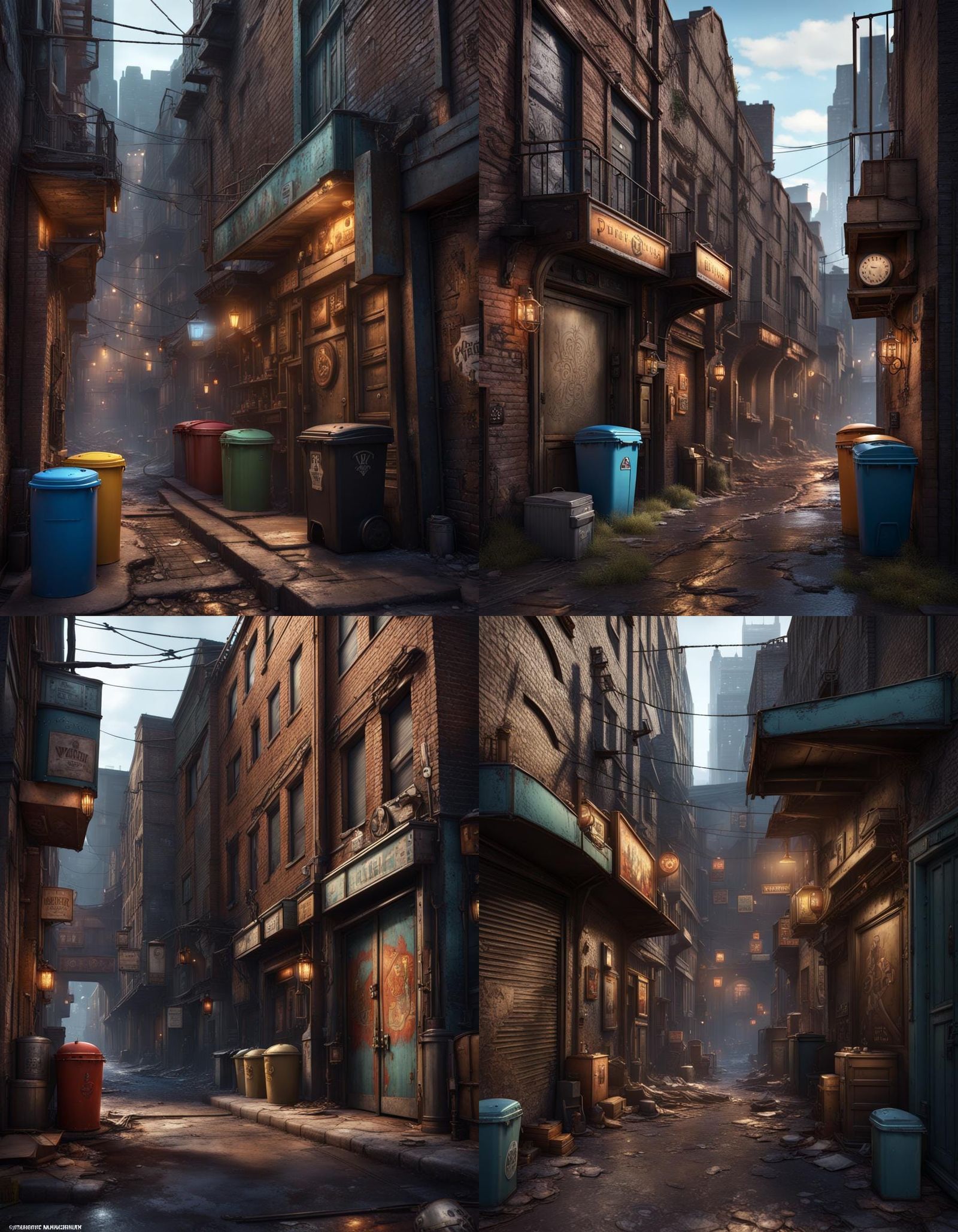 big city alley, a bit shabby, drink boxes, trash cans, back doors of ...