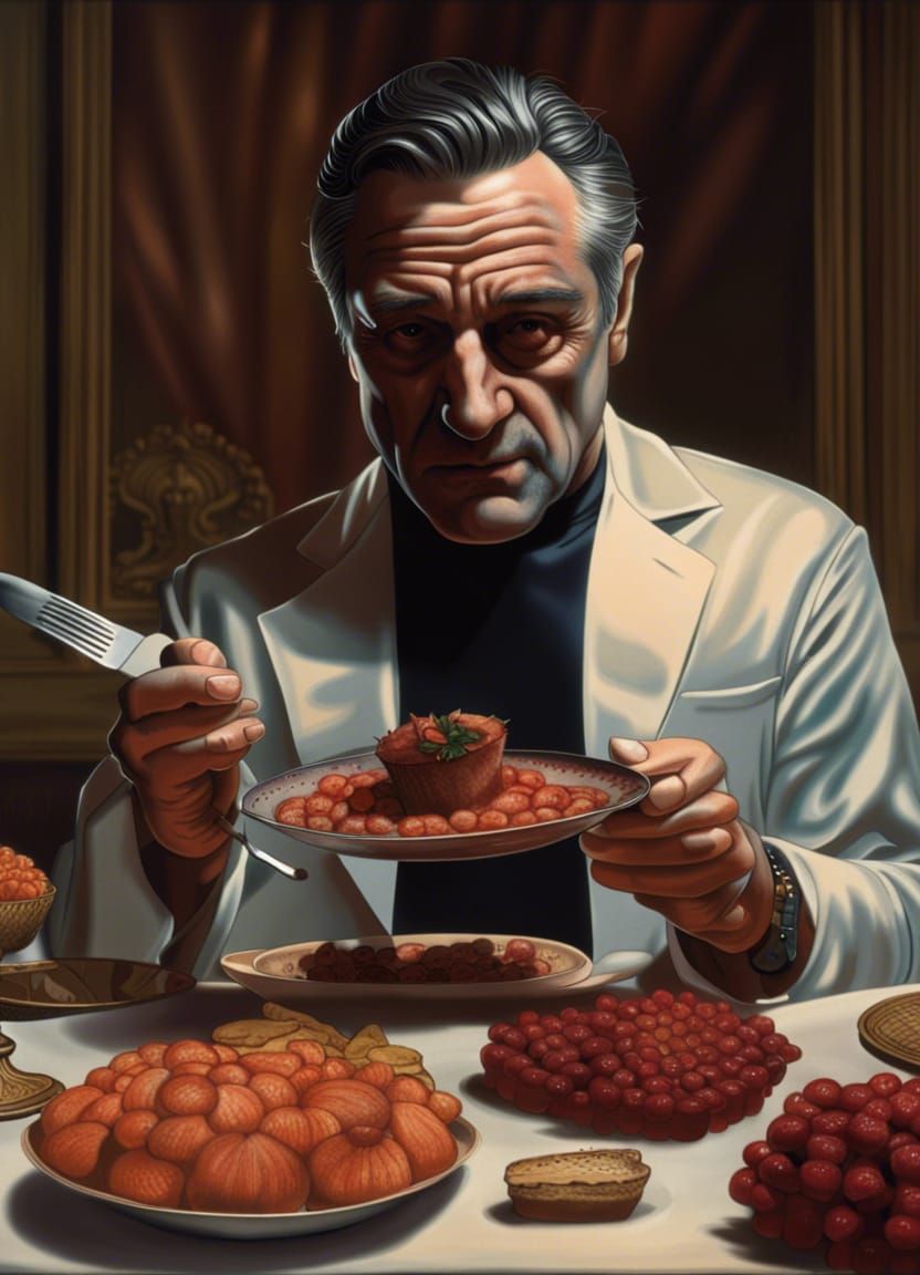 Robert Deniro as Hannibal Lector, holding a knife and fork, a table full of treats for guests of ...