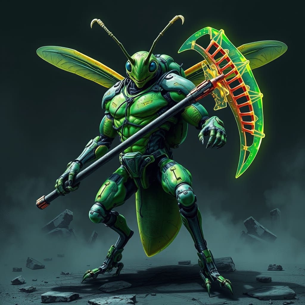 Cyberpunk Mutant Insect Wields Futuristic Axe - AI Art