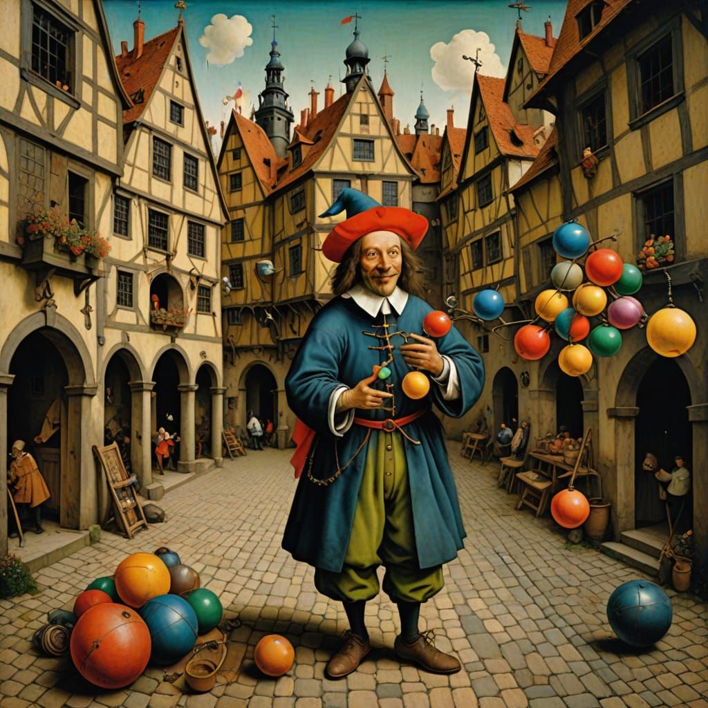 Medieval Jester Juggles Colorful Balls in Whimsica... - AI Art