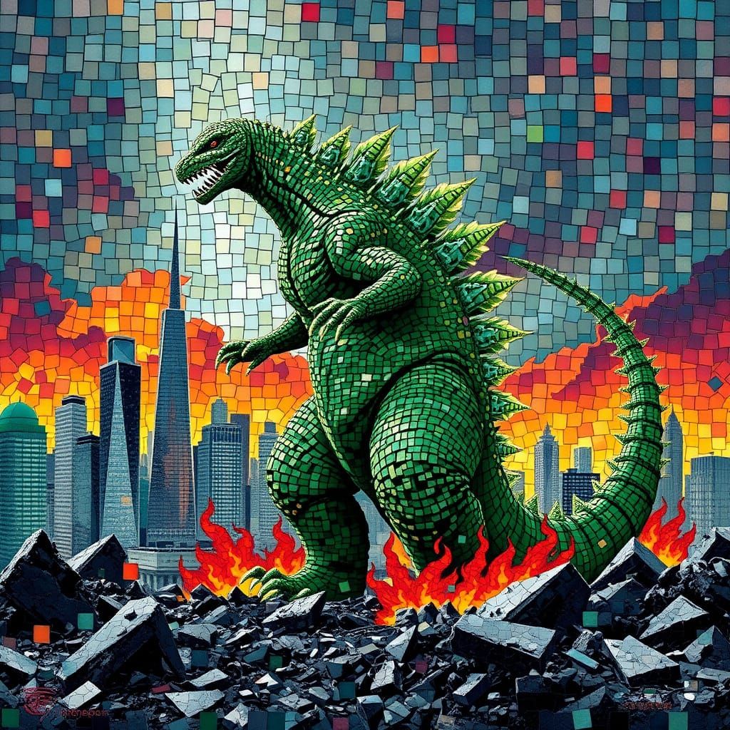 Godzilla in the art style of Mosaics