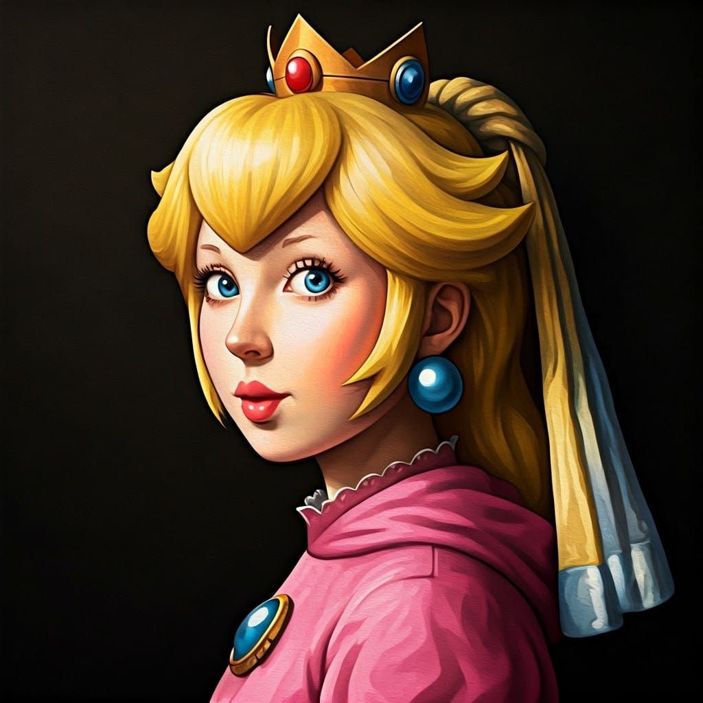 Golden Light Princess Peach Portrait in Oil on Can... - AI Art