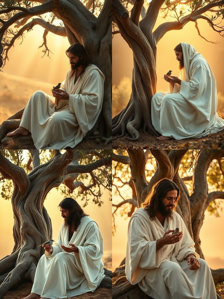 Jesus Tenderly Holds a Sparrow in a Majestic Olive... - AI Art