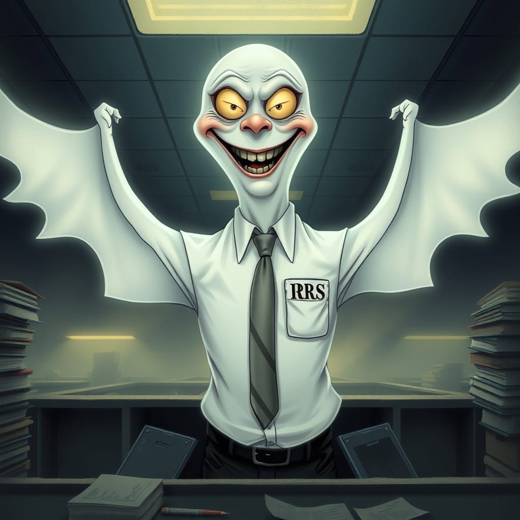 Ghost in IRS Name Tag, Haunting Office Cubicle - AI Art