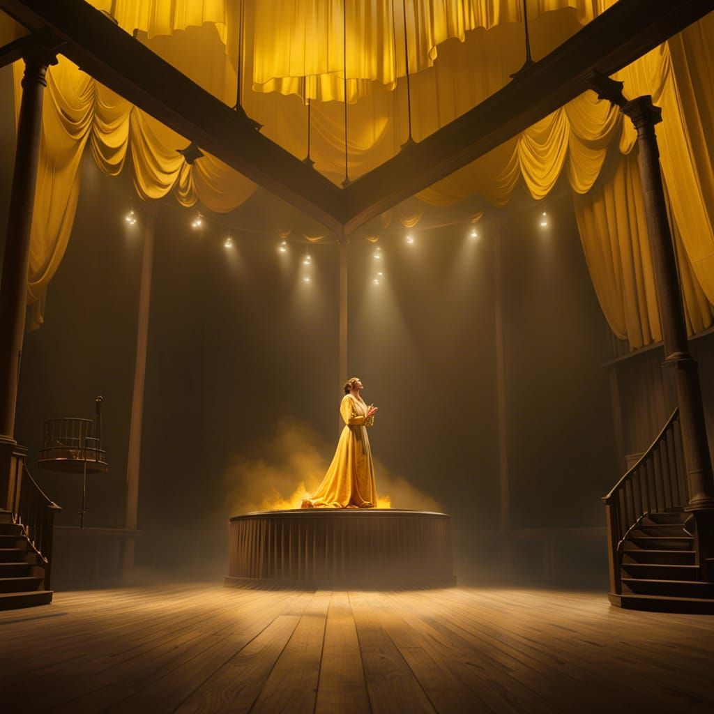 a Shakespeare stage play, yellow mist, atmospheric, set design by ...