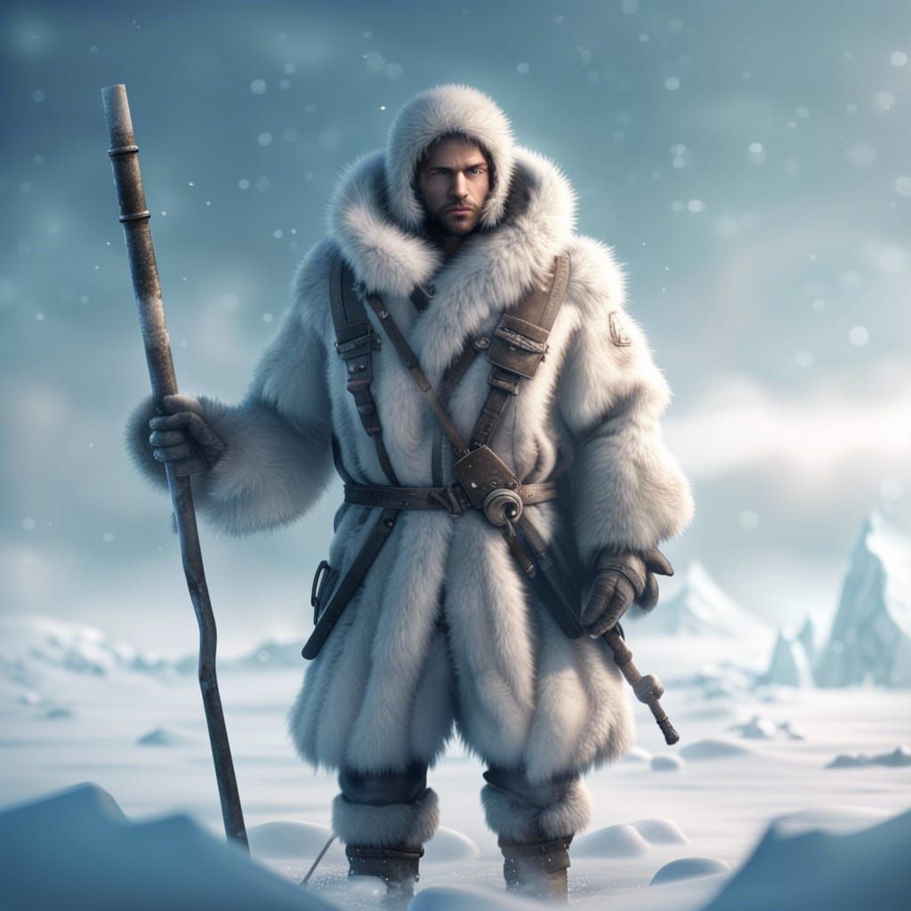 Eskimo standing in a icy landscape holding a walking pole. Blizzard. A ...