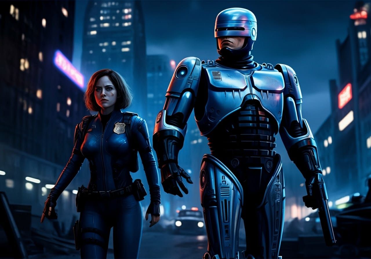 RoboCop with his partner Ann Lewis patrolling the streets of Old Detroit