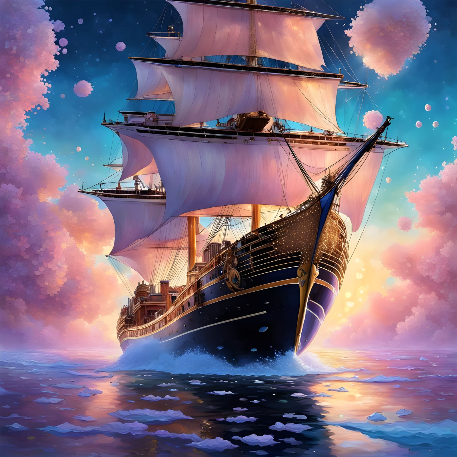 Cotton Ship - Dreamy Celestial Ship in Shimmering Waters